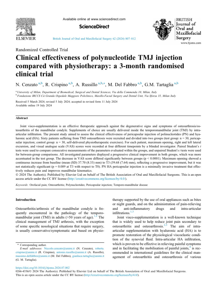 Clinical Effectiveness of Polynucleotide TMJ Injection Compared With ...