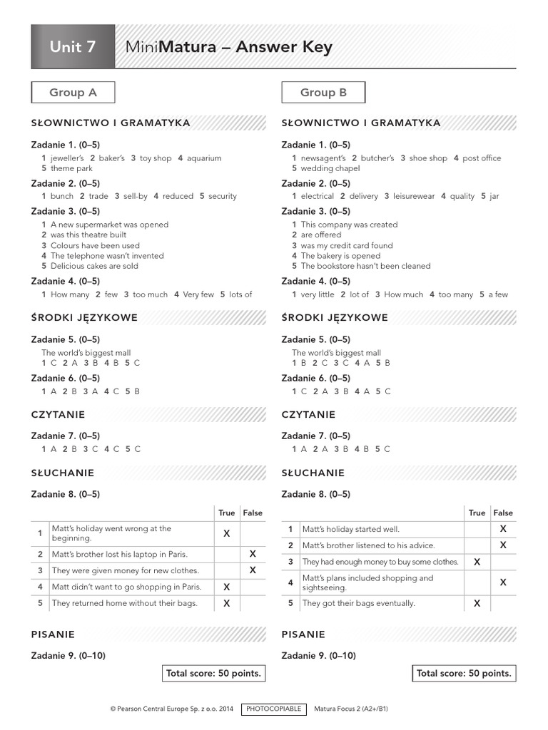 Unit 7 MiniMatura Â Answer Key | PDF