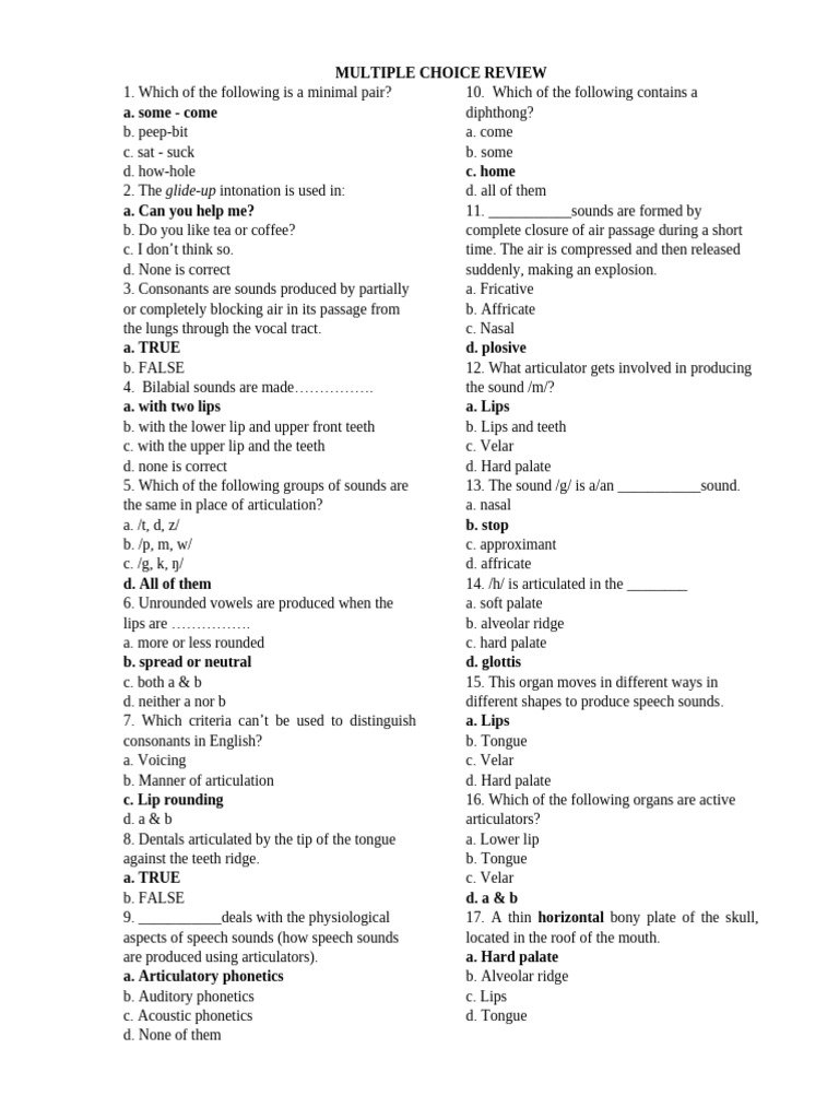 MULTIPLE CHOICE REVIEW | PDF | Phonetics | Consonant