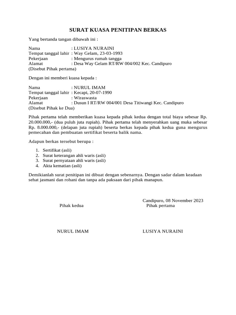 Surat Kuasa Penitipan Berkas | PDF