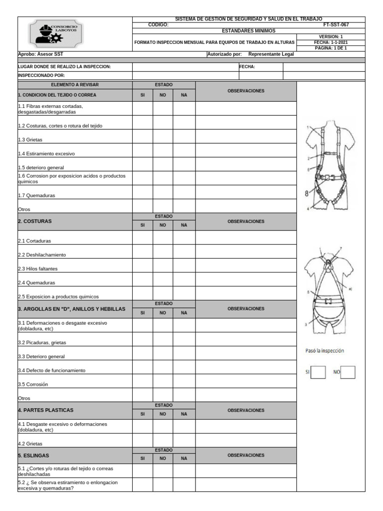 2 FT SST 067 Formato Inspección Mensual para Trabajo en Equipo de Alturas | PDF