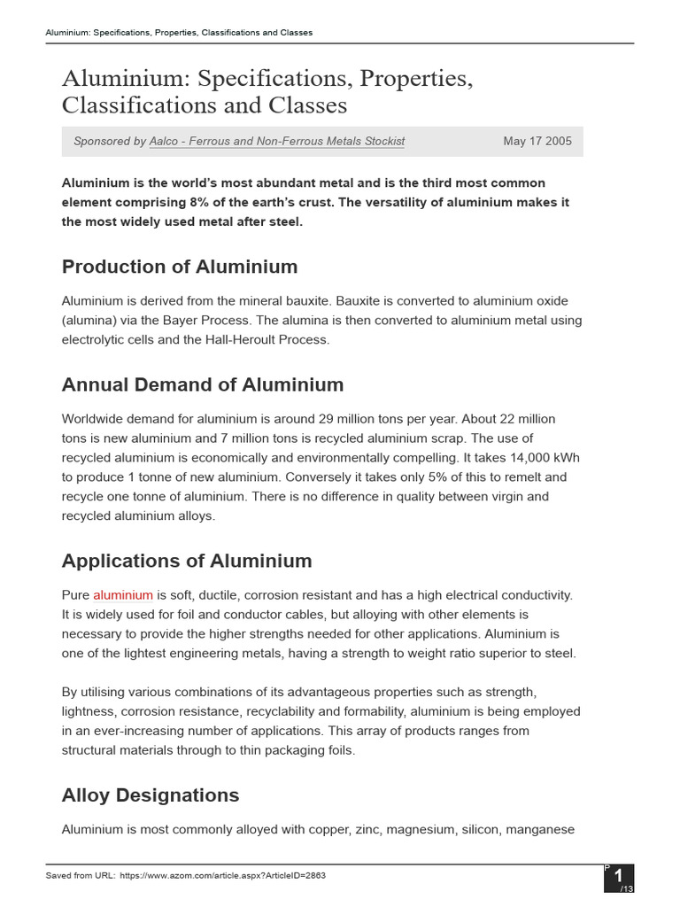 Aluminium Specifications Properties Classifications and Classes | PDF | Aluminium | Alloy