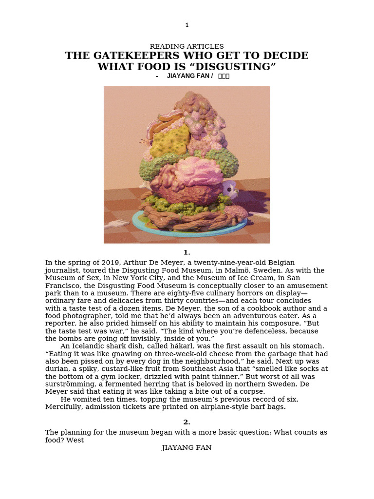 Reading Articles, Jiayang Fan 樊嘉揚, The Gatekeepers Disgusting Foods (Short) | PDF | Foods