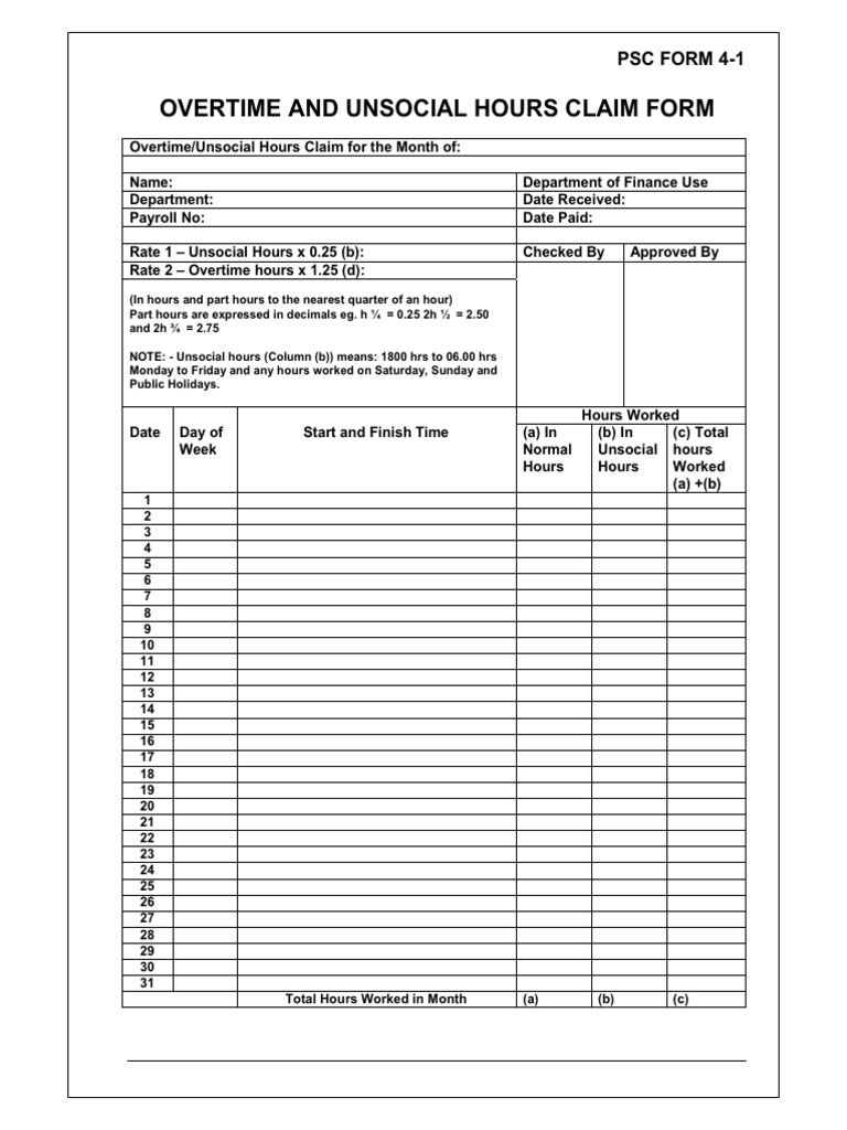 Overtime and Unsocial Hours Claim Form | PDF | Overtime | Shift Work