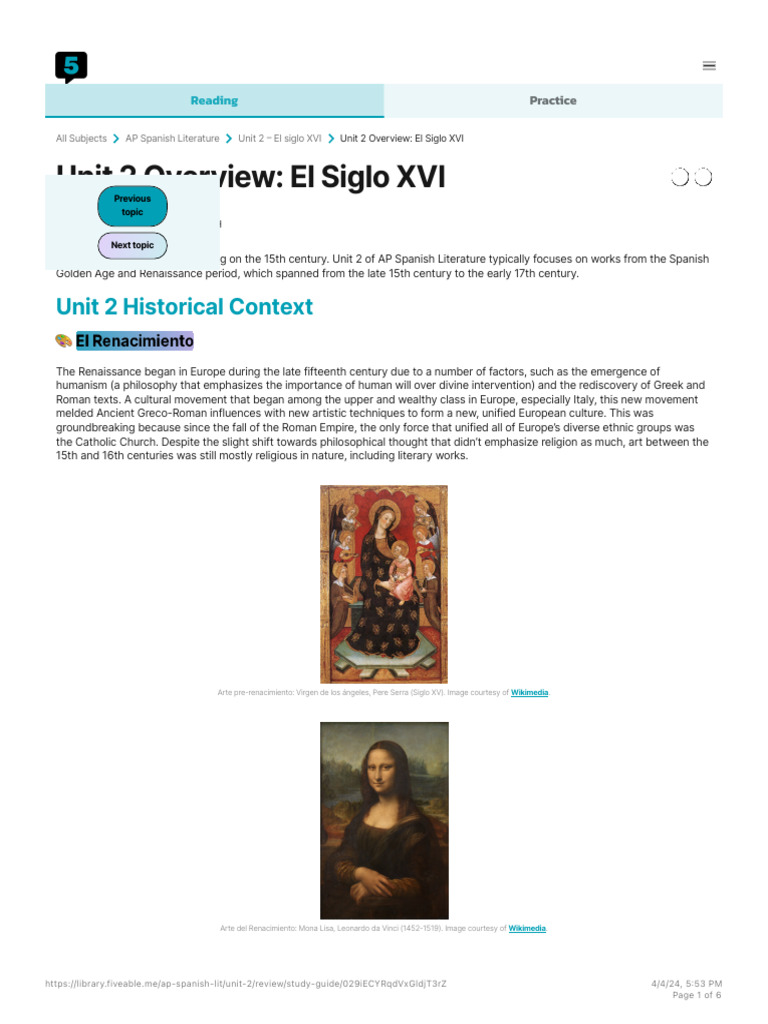 AP Spanish Literature 2024 - Unit 2 Review - El Siglo XVI (ESP ...