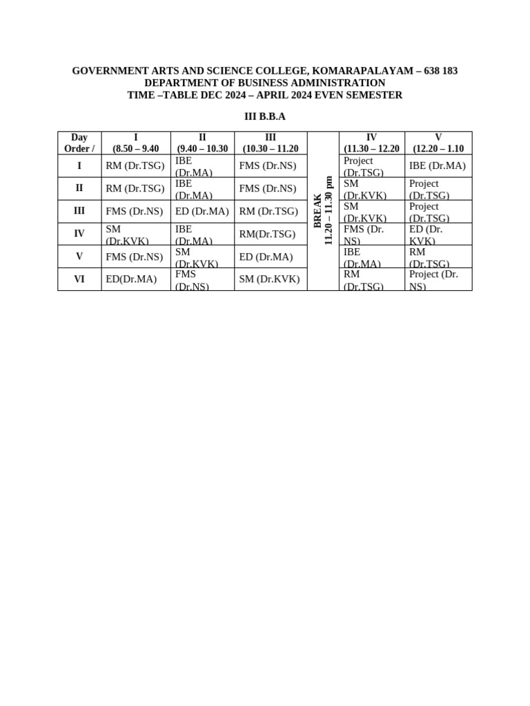 BBA Semester Timetable 2024 | PDF