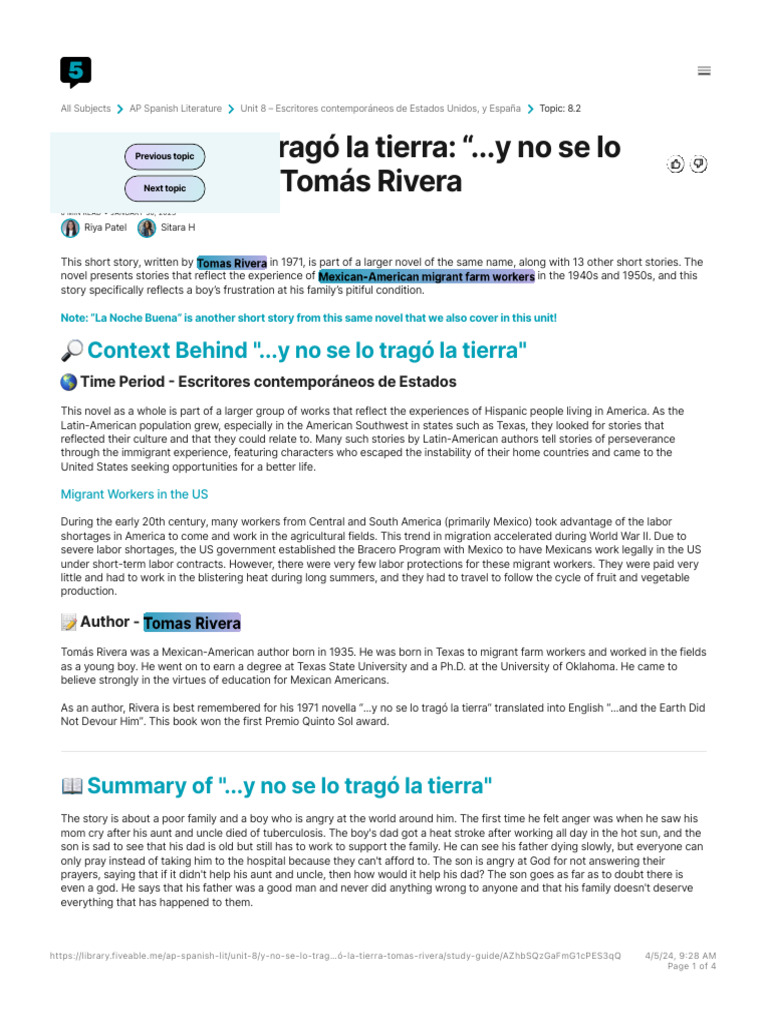 AP Spanish Literature 2024 - 8.2 ... y No Se Lo Tragó La Tierra ...