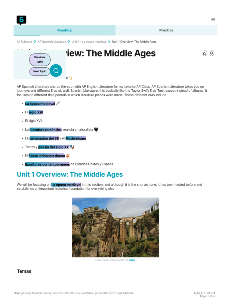AP Spanish Literature 2024 - Unit 1 Review - La Época Medieval ...
