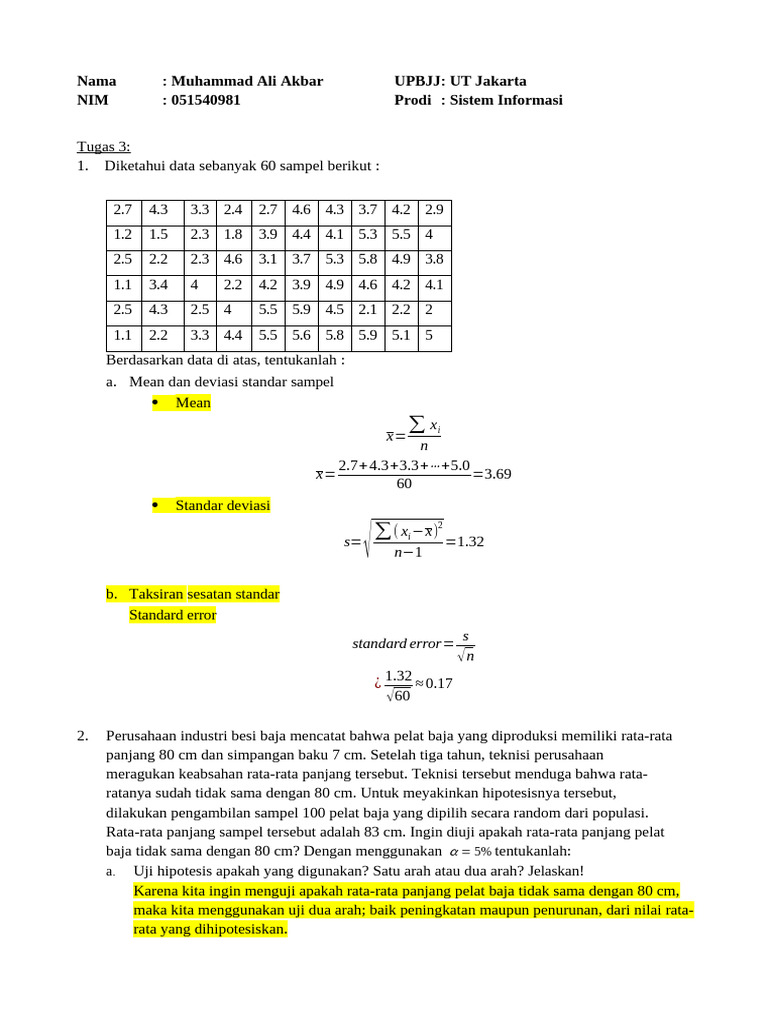 Tugas 3 - Metode Statistik - Muhammad Ali Akbar - 051540981 | PDF