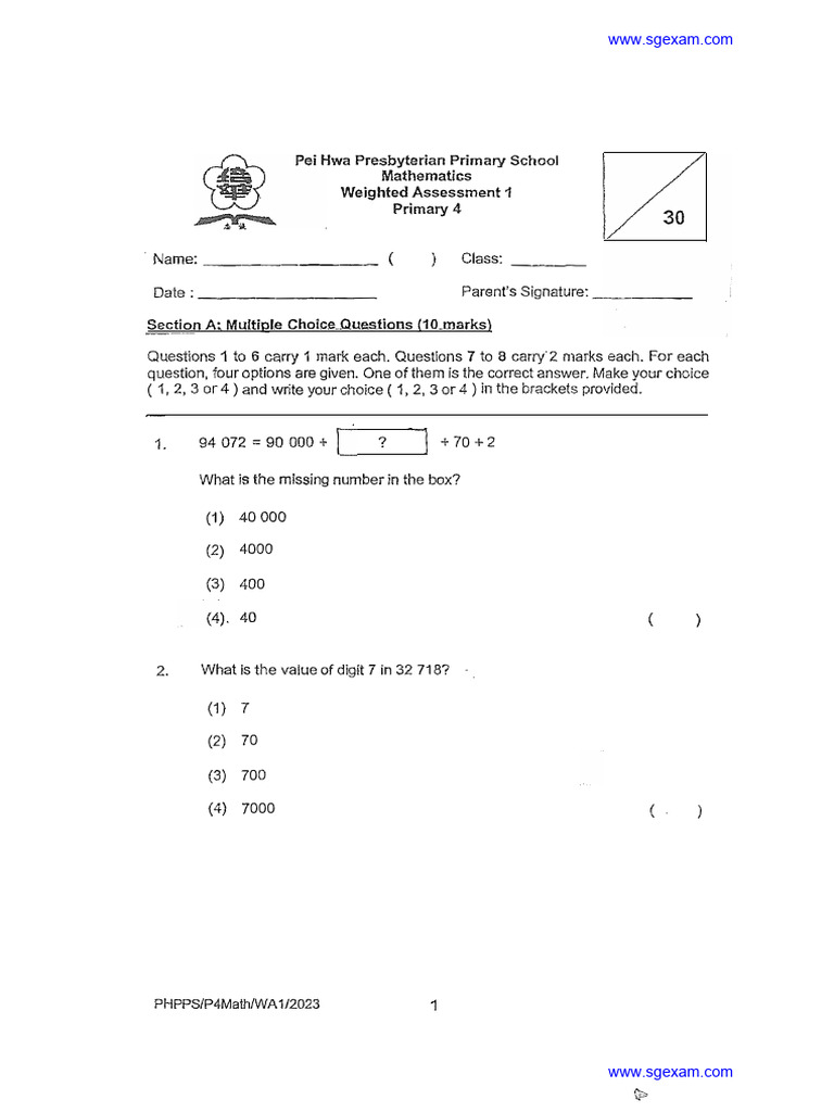 2023 P4 Maths Weighted Assessment 1 Pei Hwa (1) | PDF