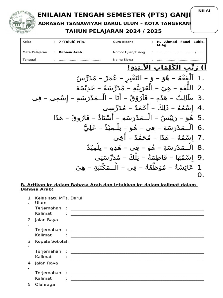 Soal Bahasa Arab PTS Ganjil TA 2024-2025 (Kelas 7 MTS) | PDF