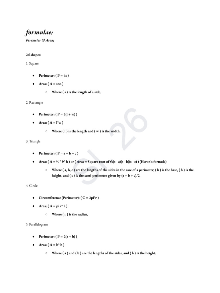 Formulae | PDF | Area | Elementary Mathematics