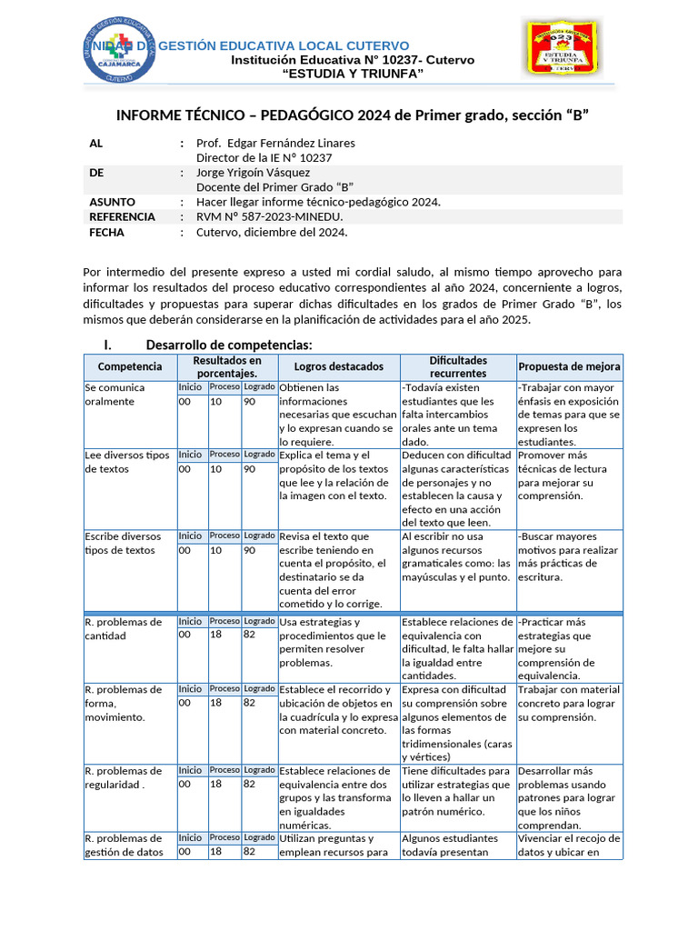 Informe Tecnico Pedagogico-2024 | PDF | Aprendizaje