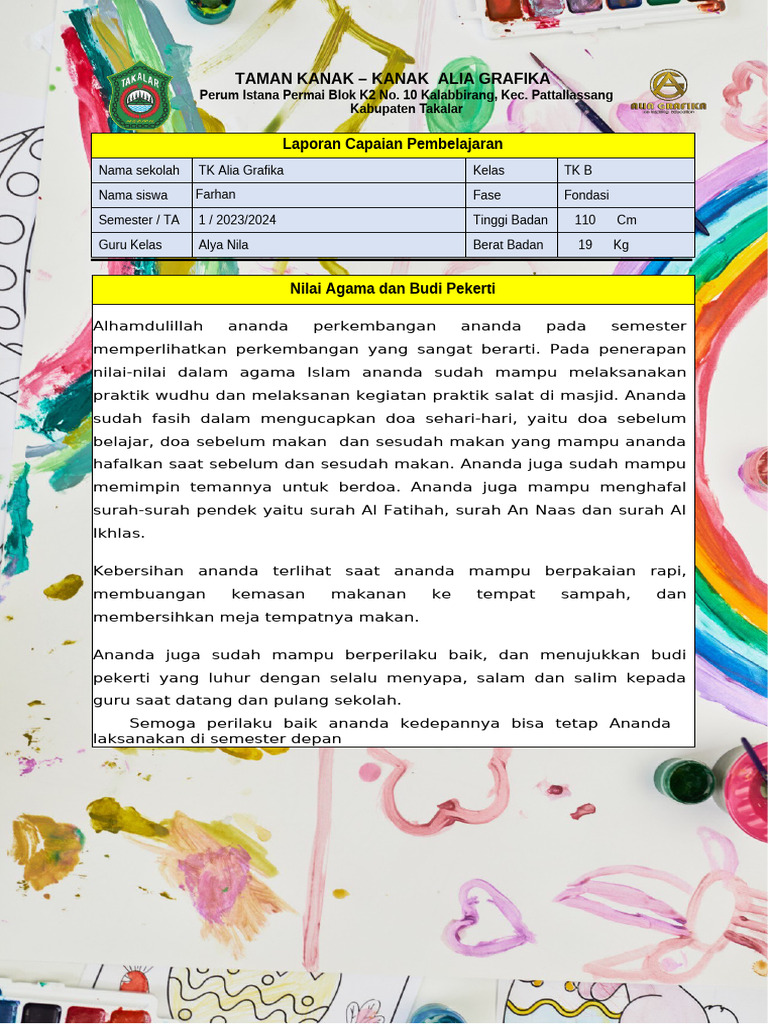 Rapor PAUD Kurikulum Merdeka (Contoh 1)-2 | PDF