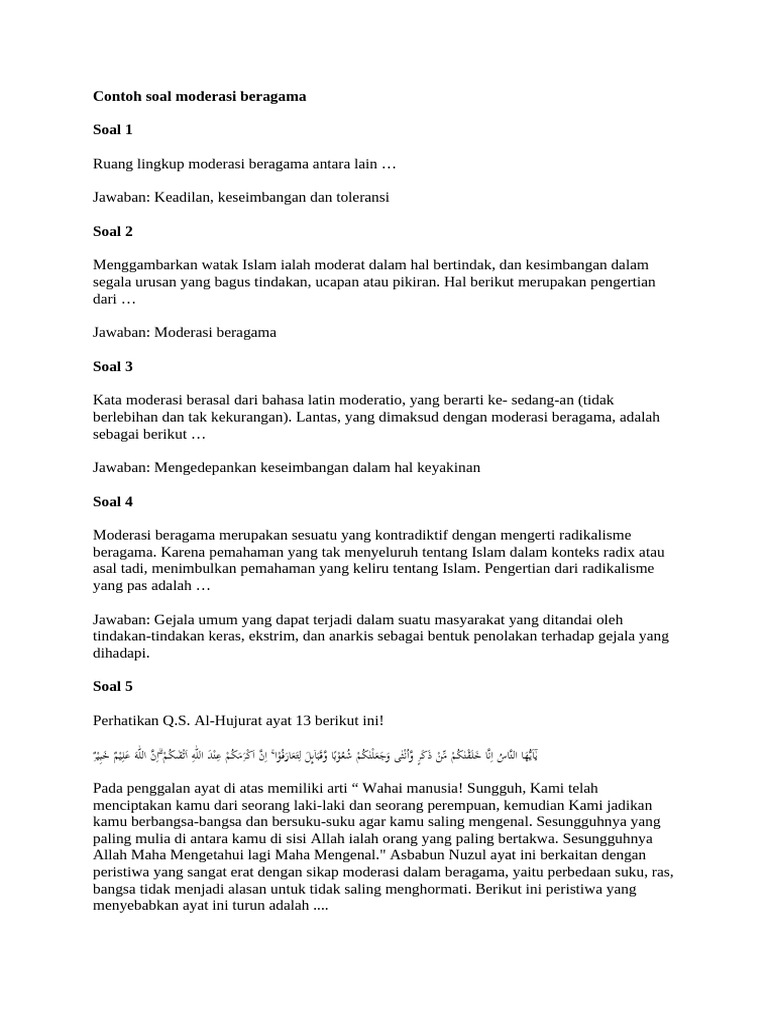 Contoh soal moderasi beragama | PDF