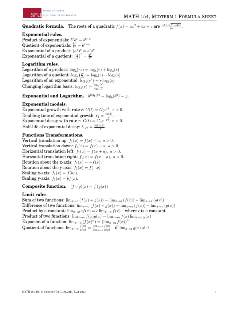 154 1247 Midterm1 Formula Sheet | PDF | Complex Analysis | Functions And Mappings