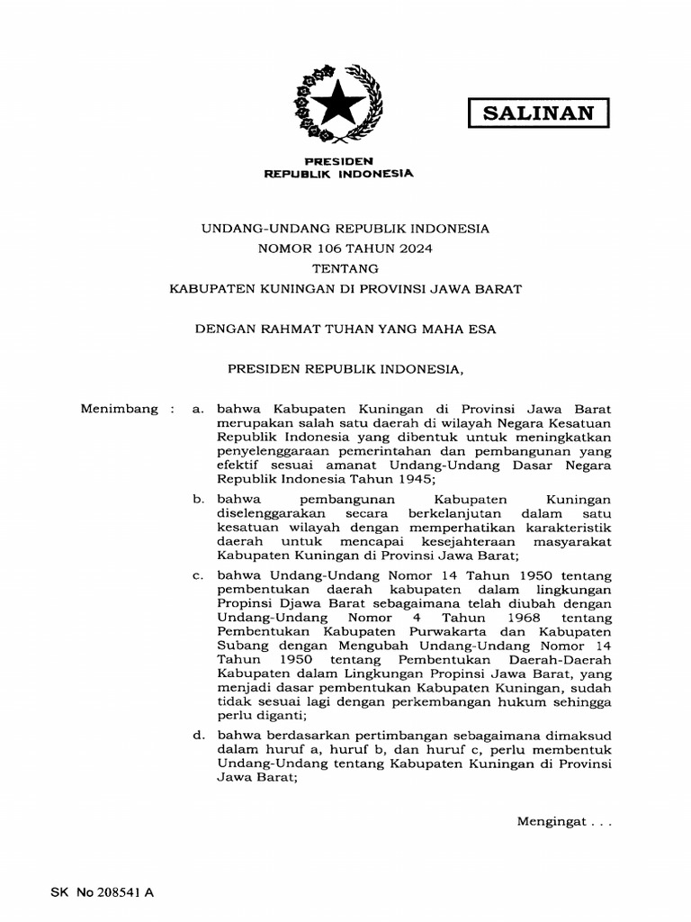 Salinan UU Nomor 106 Tahun 2024 | PDF