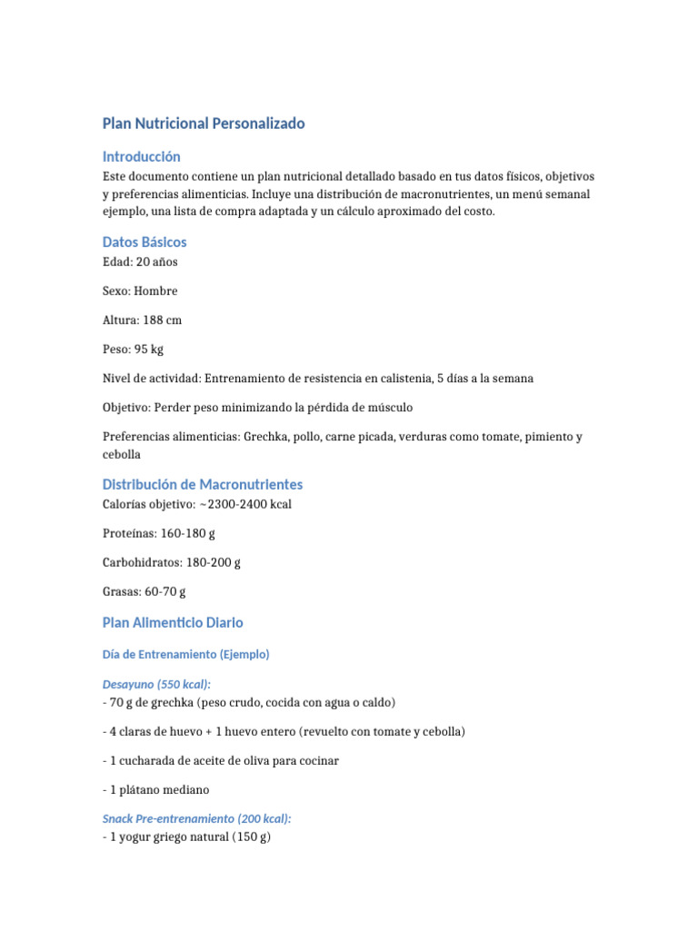 Plan Nutricional Detallado | PDF