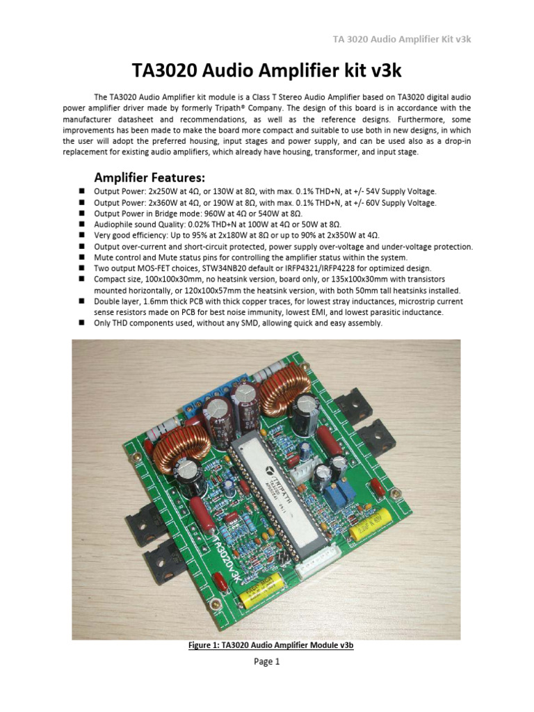 TA3020 Audio Amplifier Kit v3k | PDF | Amplifier | Mosfet