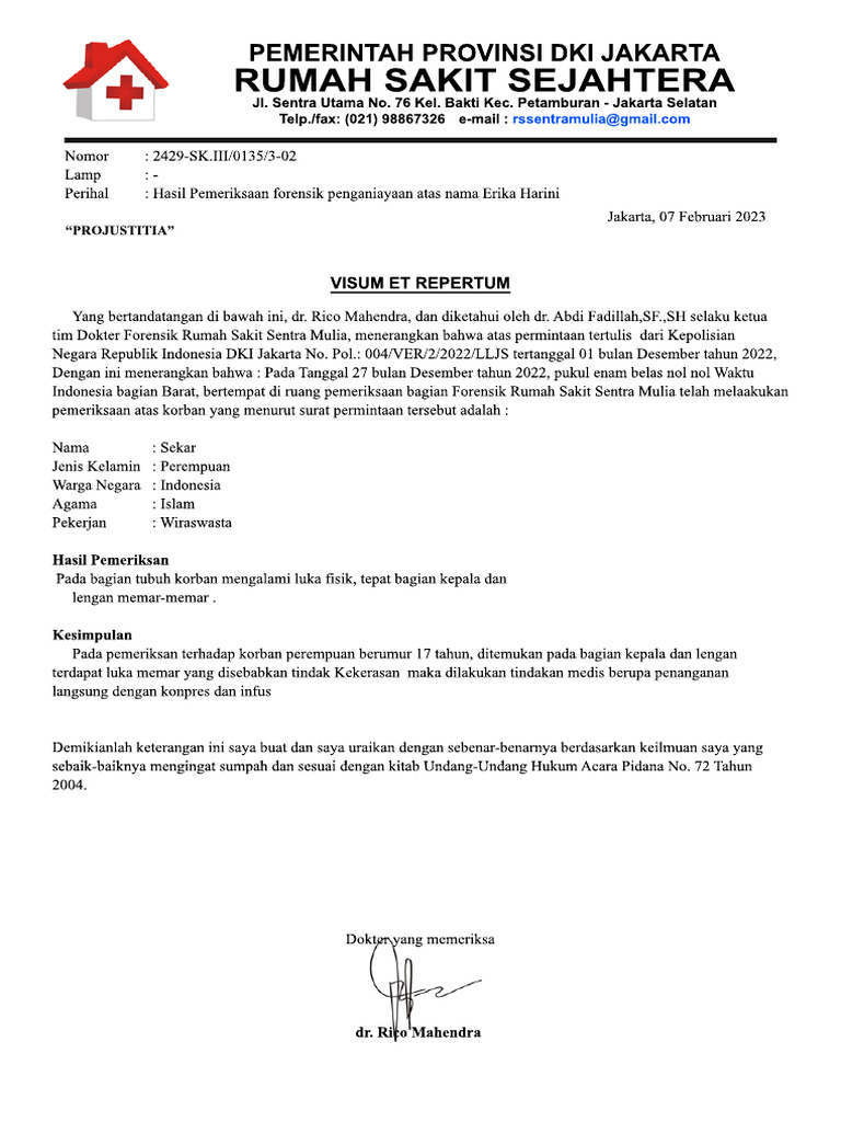 Surat Hasil Visum sekar | PDF