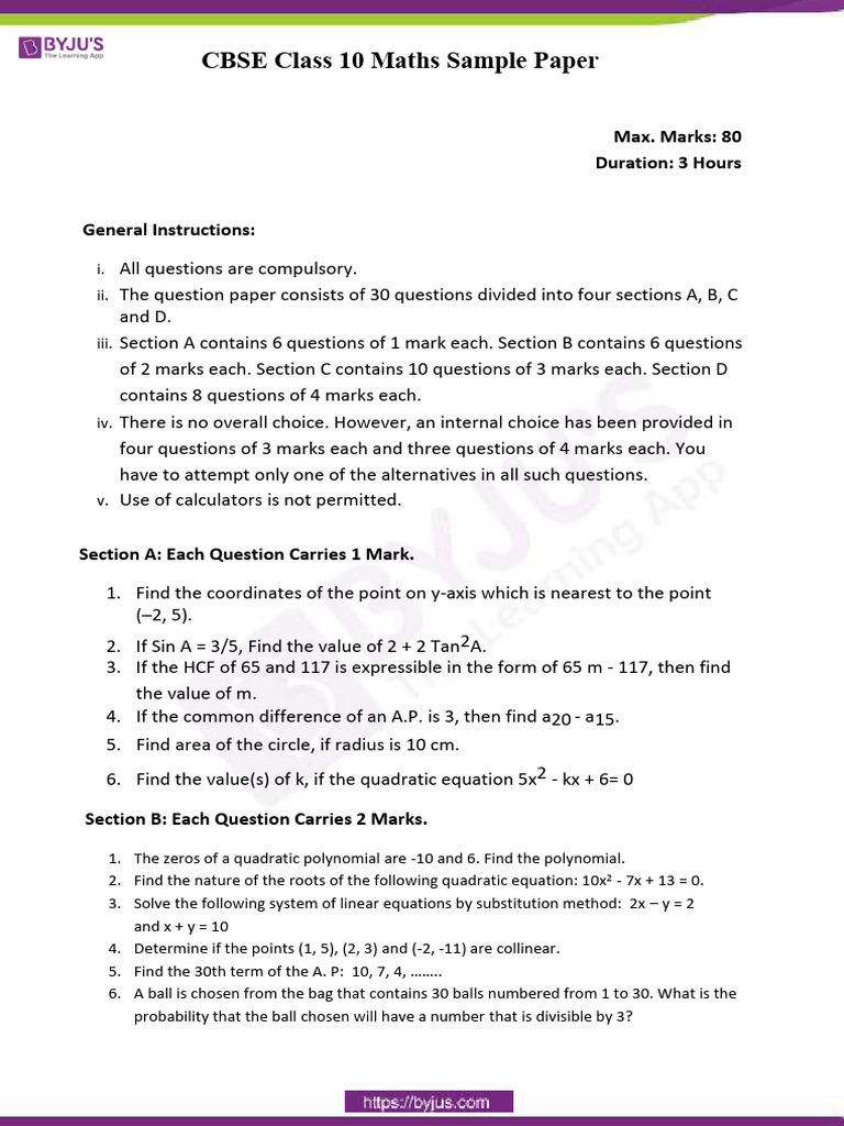 CBSE Class 10 Maths Sample Paper Set 6 | PDF | Quadratic Equation ...