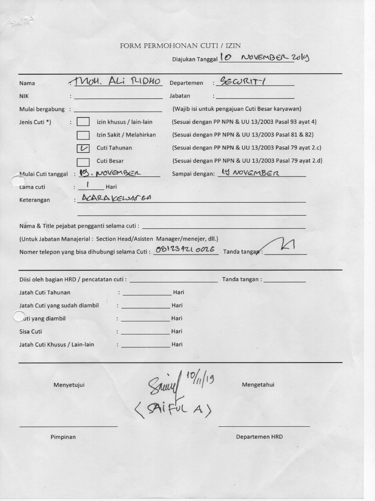 Form Izin Cuti Moh. Ali Ridho | PDF