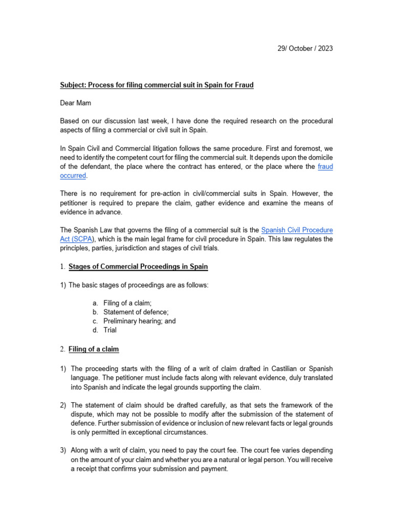 Civil Suit - Spain (Sample) Page 1-2 | PDF | Lawsuit | Trials