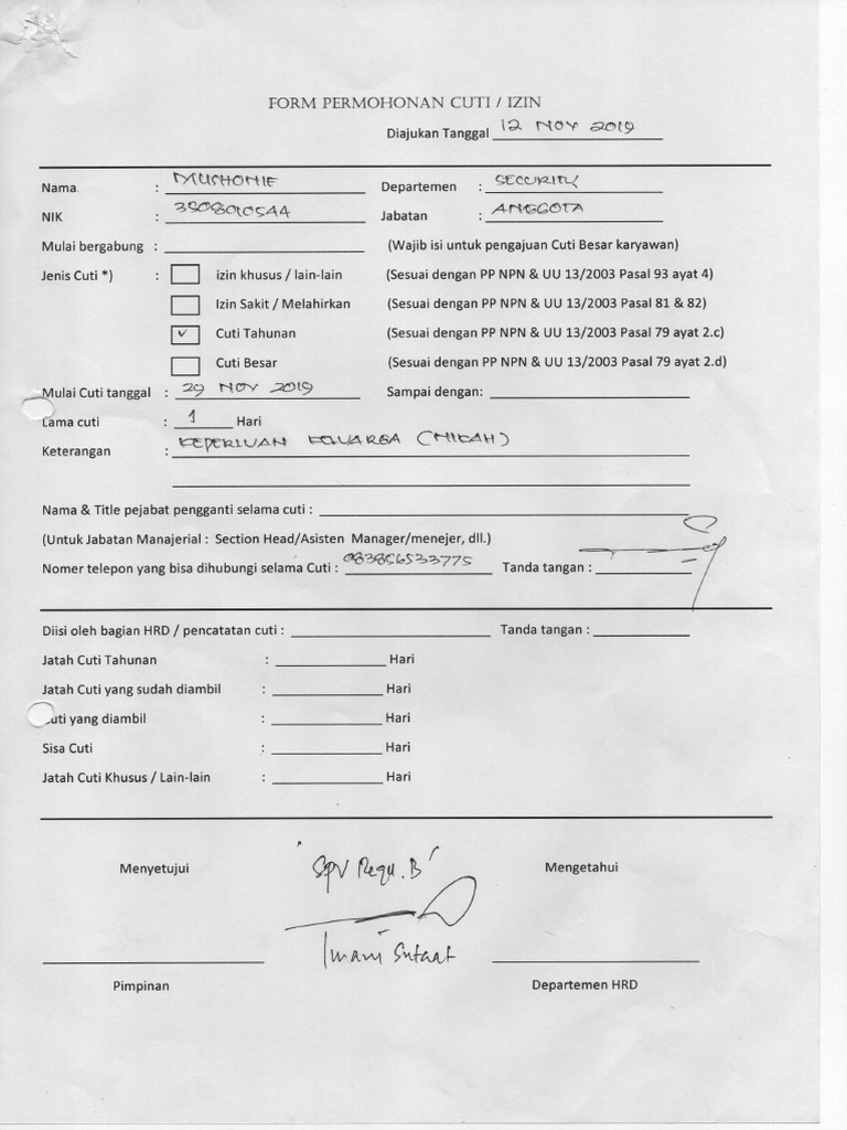 Form Izin Cuti Mushonif (Regu B) | PDF