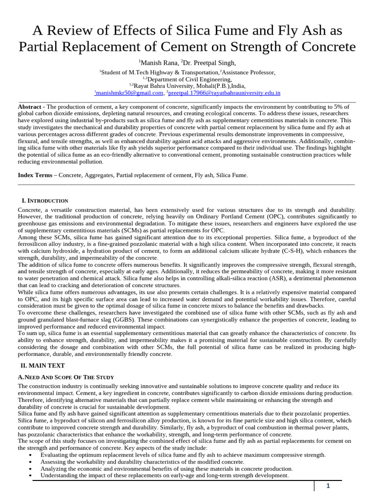 A Review of Effects of Silica Fume and Fly Ash | PDF | Concrete | Cement