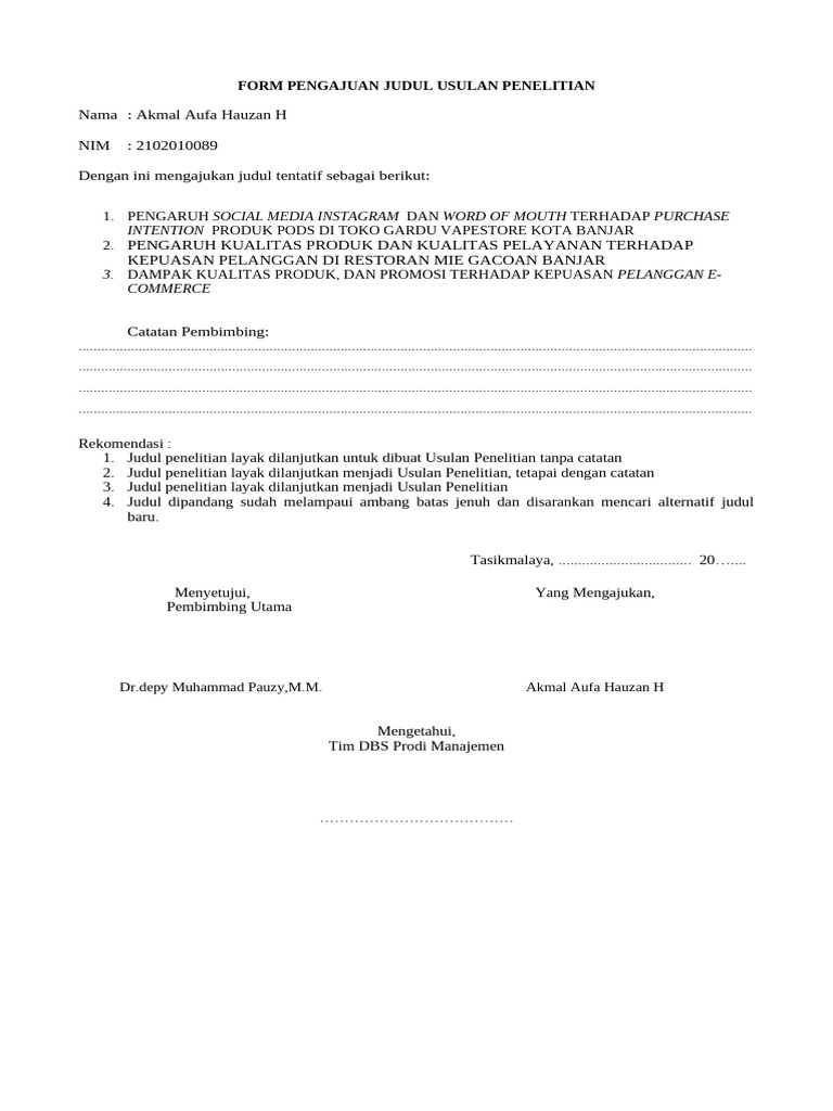 Form Pengajuan Judul Akmal Revisi | PDF