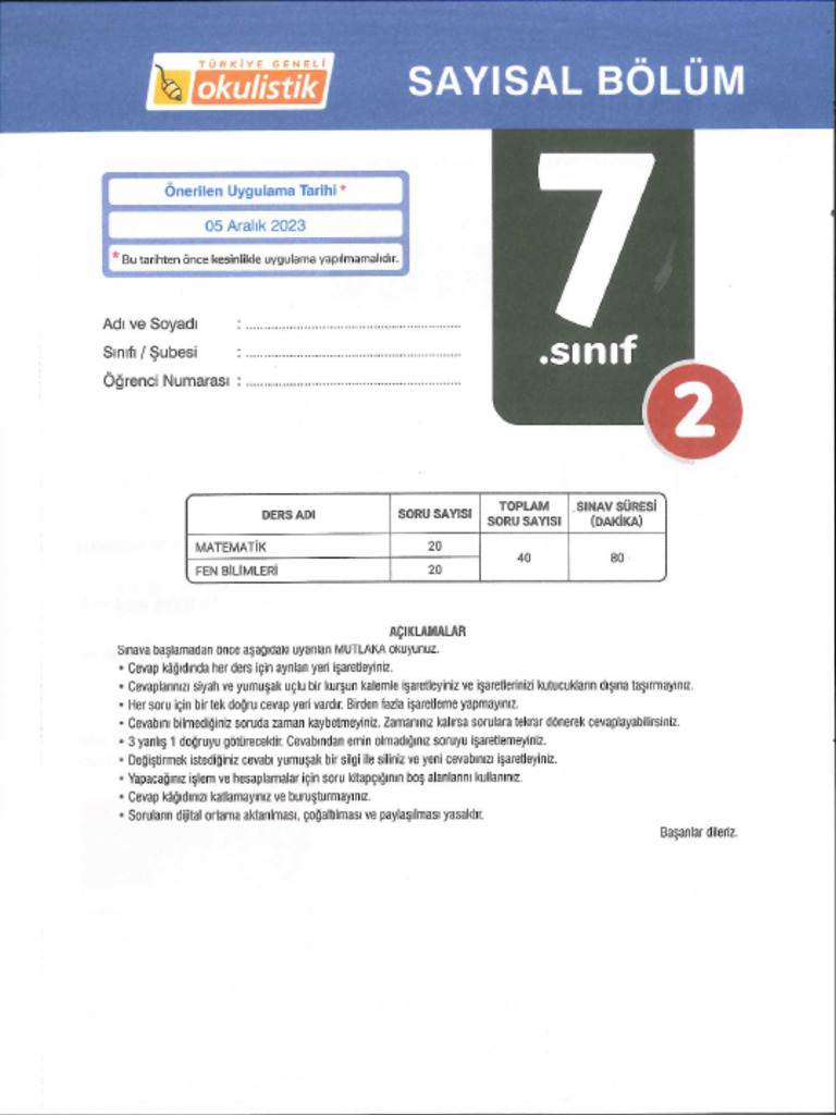 7.SNF Okuli̇sti̇k 2 Sayisal | PDF