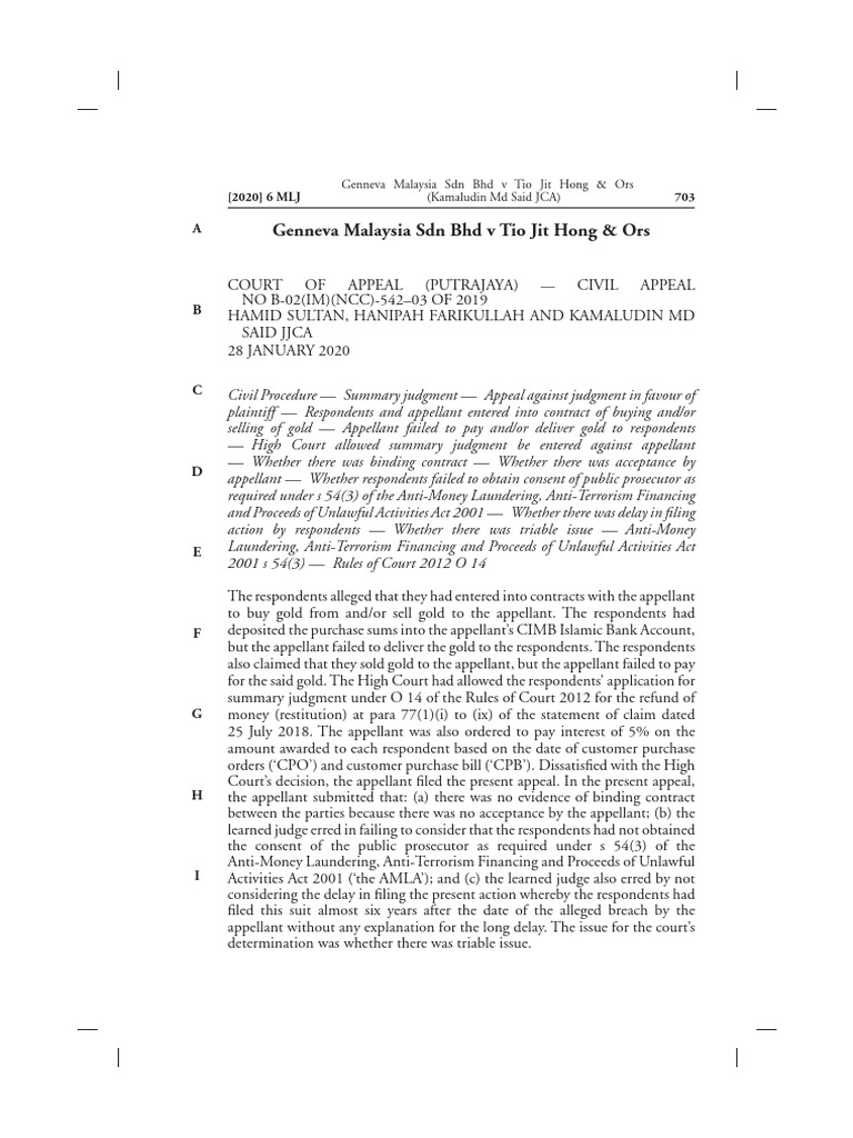 Genneva Malaysia Sdn Bhd v Tio Jit Hong & Ors [2020] 6 MLJ 703 | PDF ...