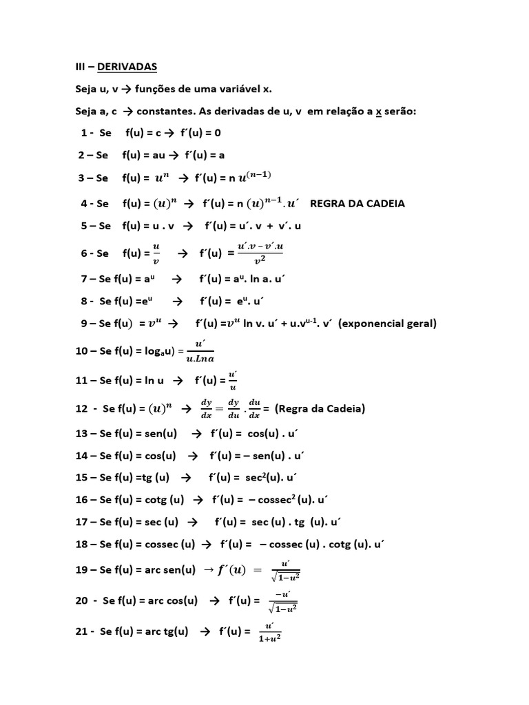 Formulario de Derivadas e Integrais | PDF | Derivado | Analise matemática