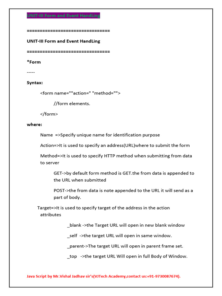 UNIT-III Form and Event HandLing | PDF | Java Script | Button (Computing)