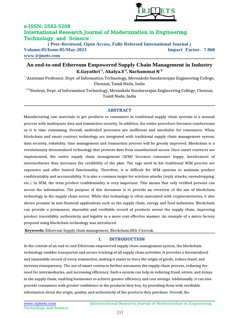 IRJMETS An end-to-end Ethereum Empowered Supply Chain Management in Industry | PDF | Supply ...