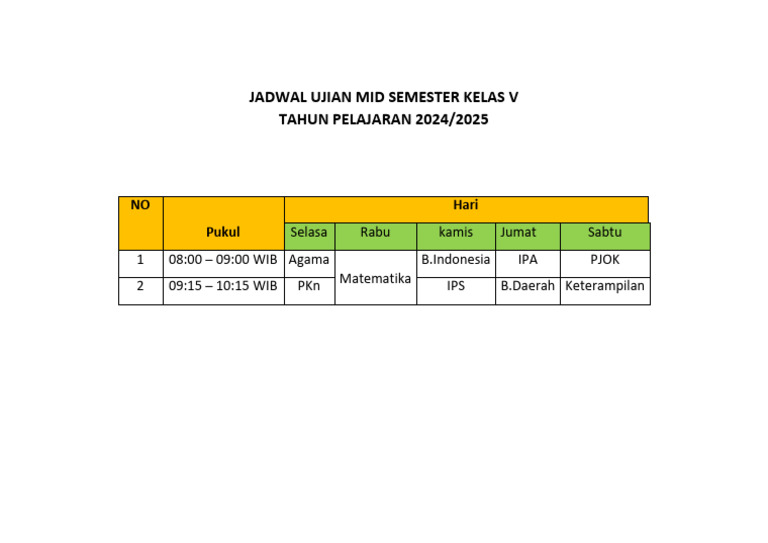 Jadwal Ujian Mid Semester Kelas V | PDF
