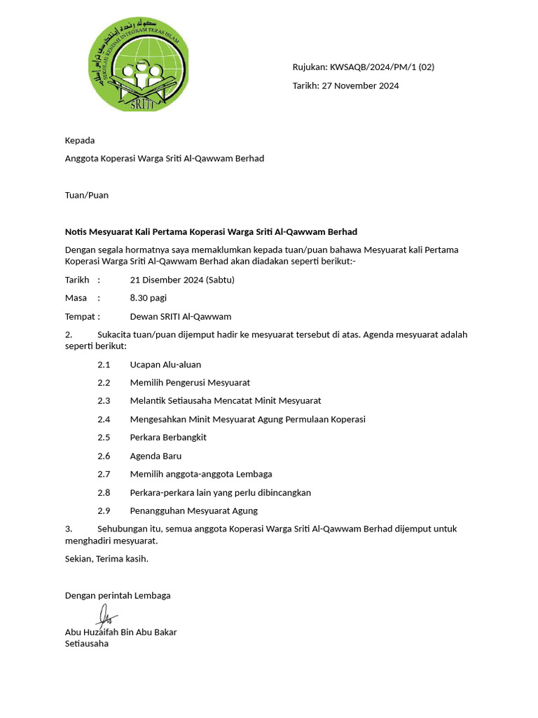 Panggilan Mesyuarat Agung Koperasi WSAQ | PDF