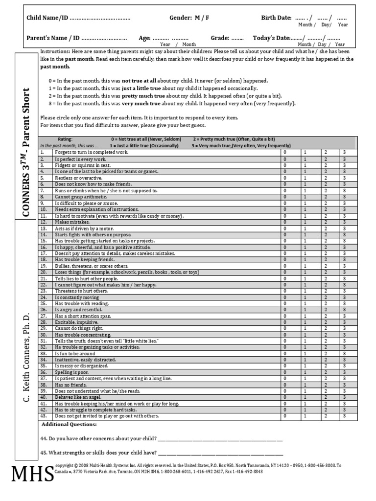 Conners Parents Rating Scale | PDF | Psychology | Psychological Concepts