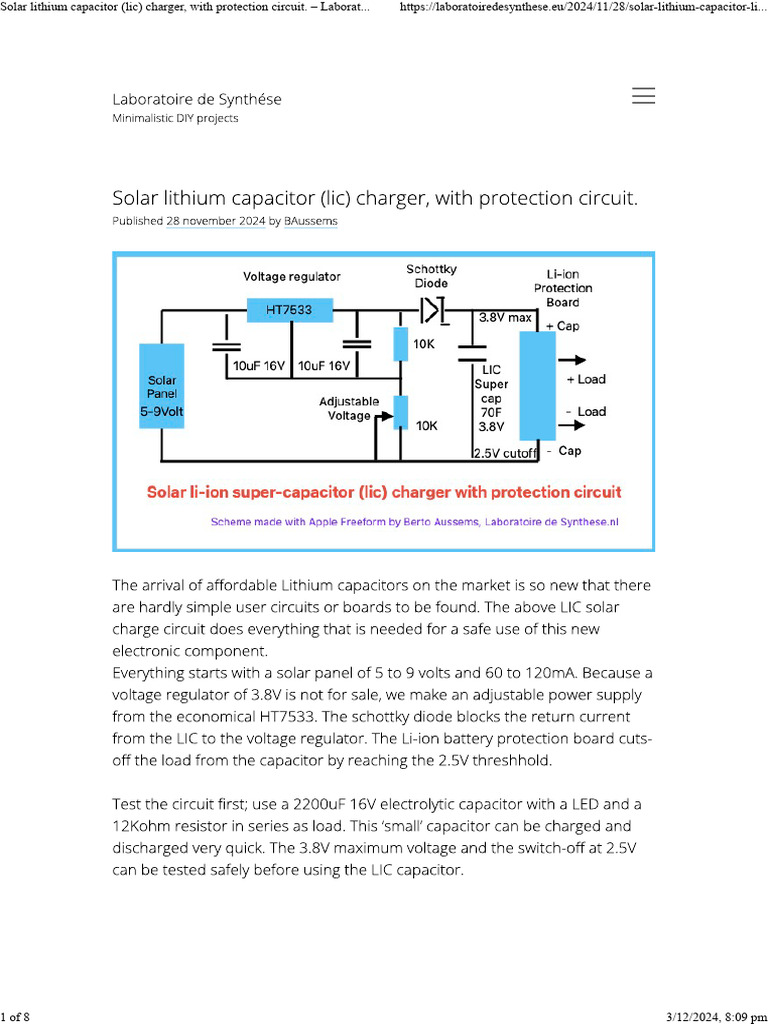 Solar Lithium Capacitor (Lic) Charger, With Protection Circuit. - Laboratoire de Synthése | PDF ...