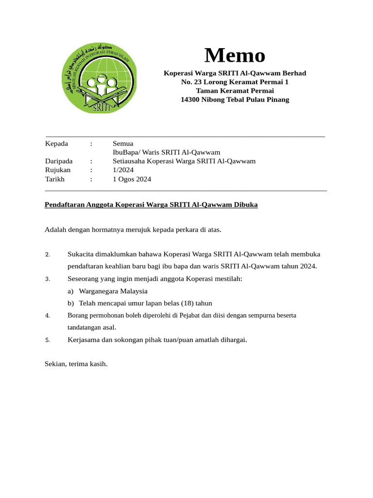 Memo Anggota Koperasi WSAQ | PDF