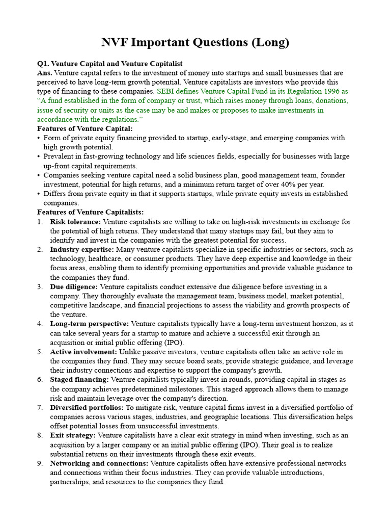 NVF Important Questions (Long) | PDF | Corporate Finance | Venture Capital