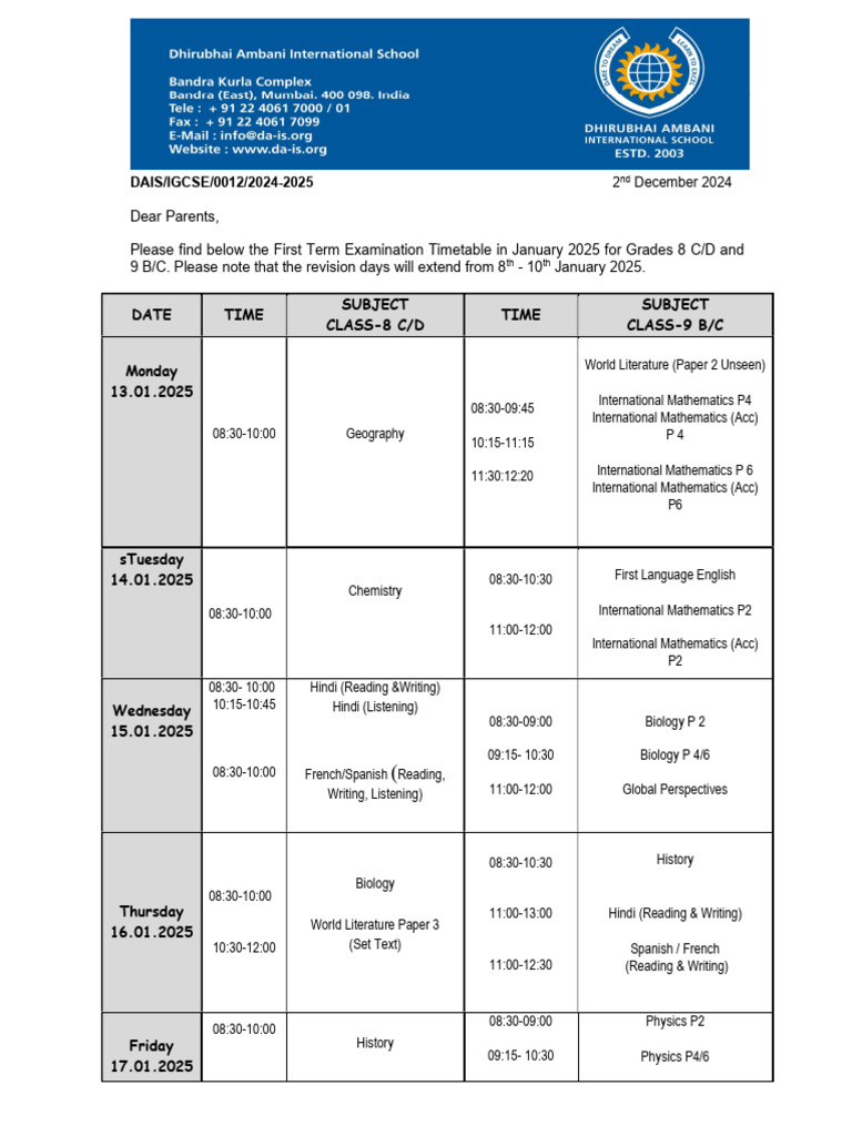 Class 8 CD and 9 BC First Term Examination Time-Table for January 2025 ...