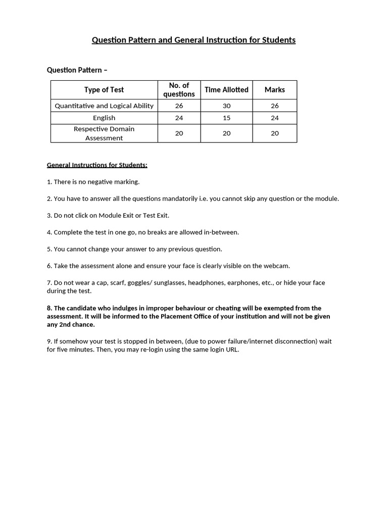Student Test Instructions and Patterns | PDF