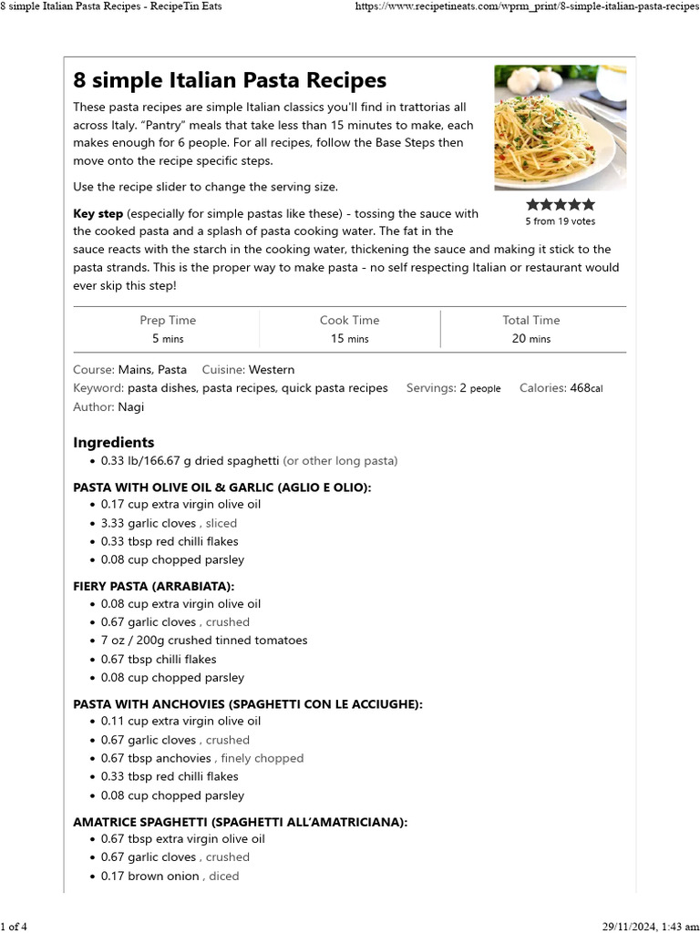 Quick Italian Pasta Recipes for 6 | PDF | Spaghetti | Pasta