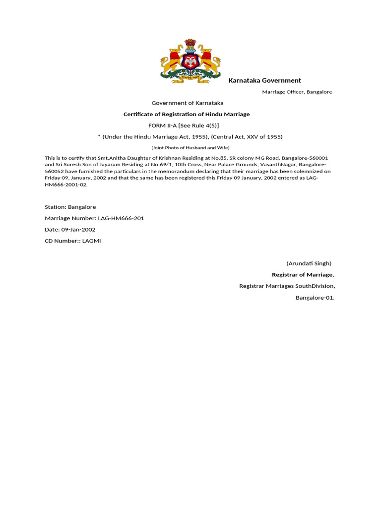 Certificate of Registration of Hindu Marriage | PDF