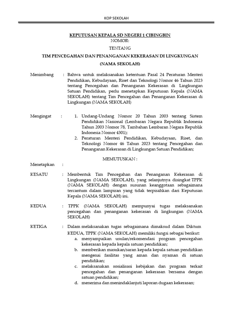 Contoh SK Kepala Satuan Pendidikan Pembentukan TPPK | PDF