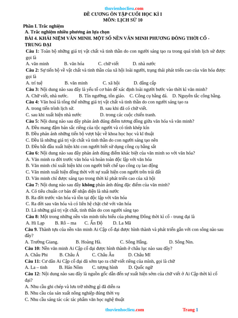 De Cuong On Tap HK1 Lich Su 10 CTM 24 25 | PDF