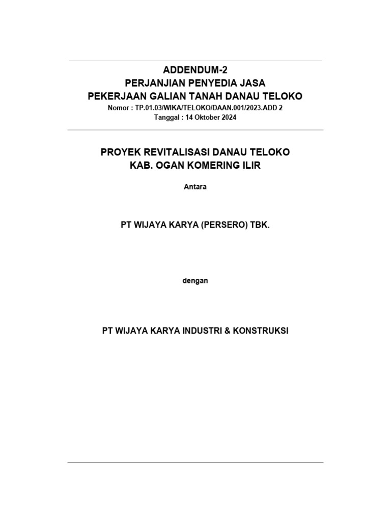 Kontrak Proyek Revitalisasi Danau Teloko Amd 2 | PDF