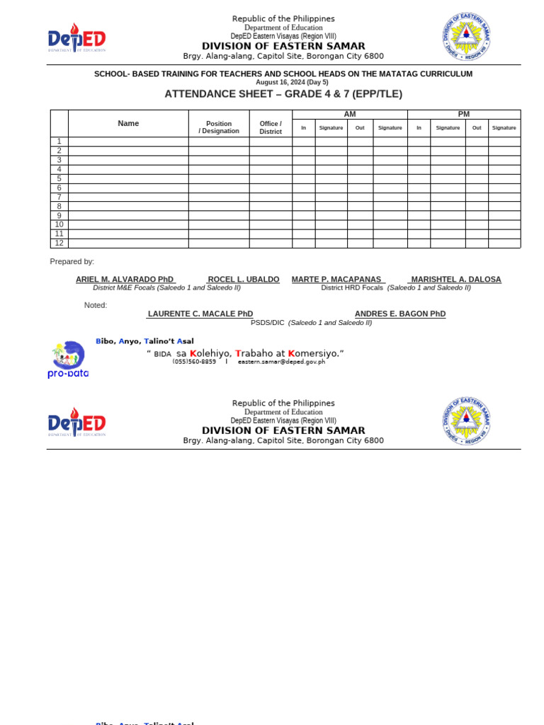 Attendance Sheet for Teacher Training | PDF