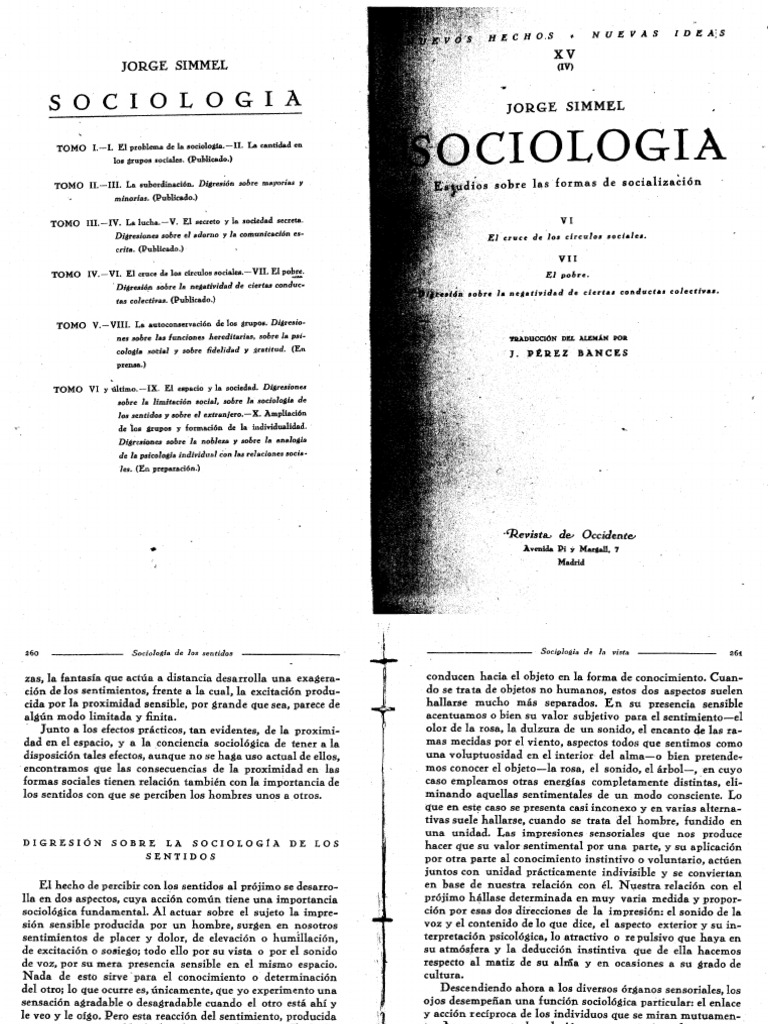 Simmel. Sociologia. Dos Digresiones Sobre Sociologia de Los Sentidos | PDF